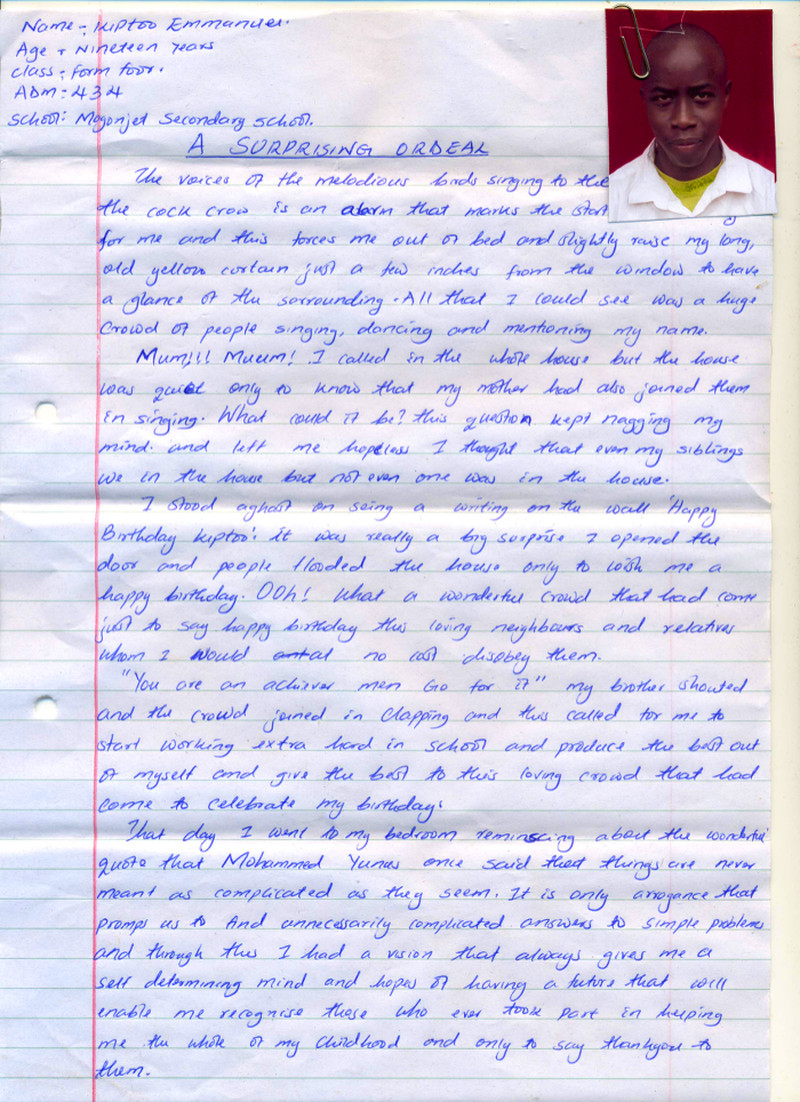 Kiptoo Emmanuel from Mogonjet & his essay - A Surprising Ordeal