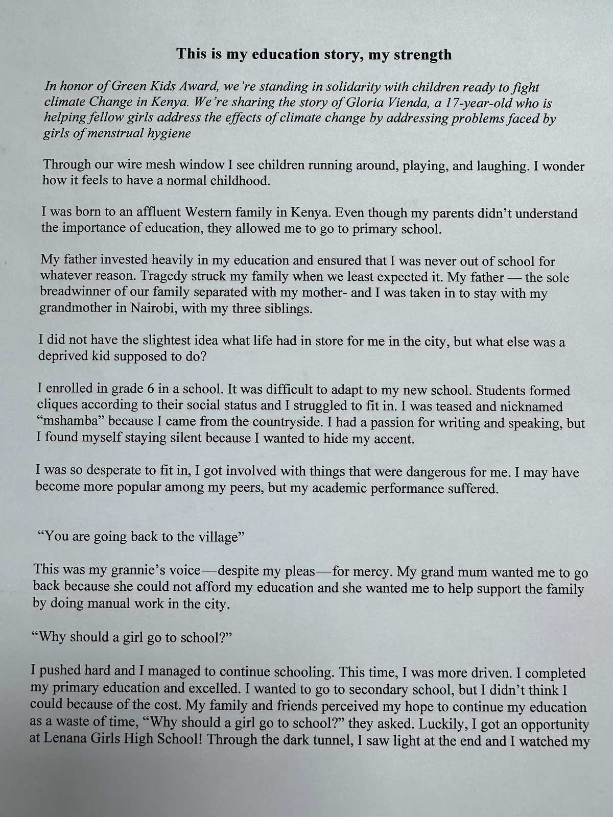 Lenana Girls High School Nominates Gloria Vienda for the 2023 Green ...